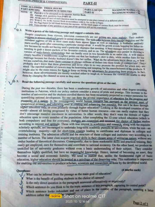 CSS English (Precis & Composition) Special Exam 2023 Paper - Legalversity