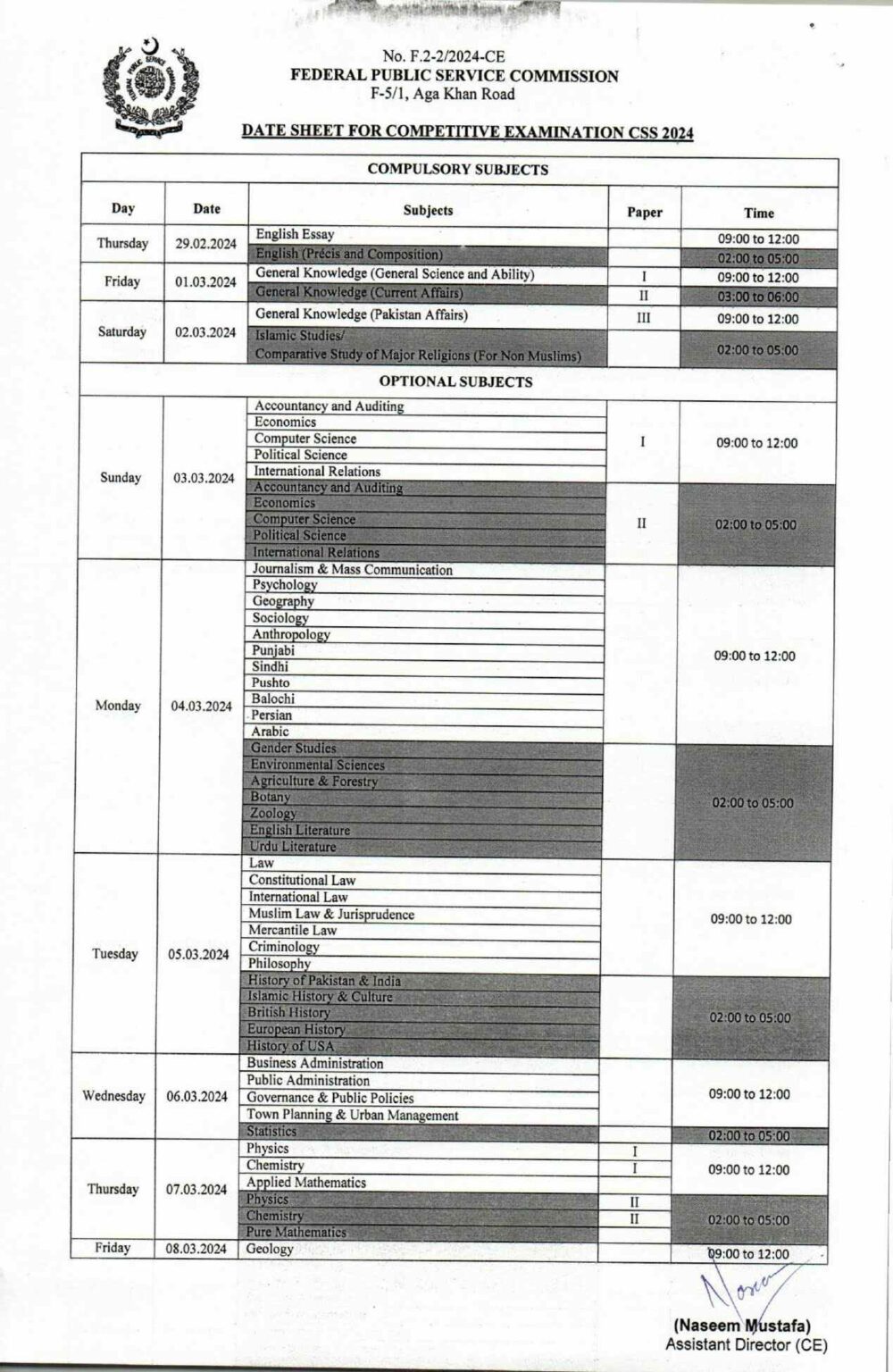 Date Sheet for CSS 2024 FPSC - Legalversity