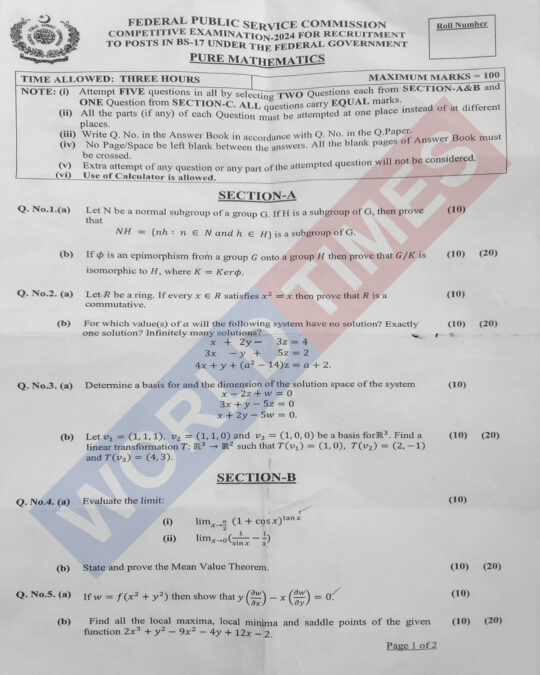 CSS Pure Mathematics Paper 2024 - Legalversity